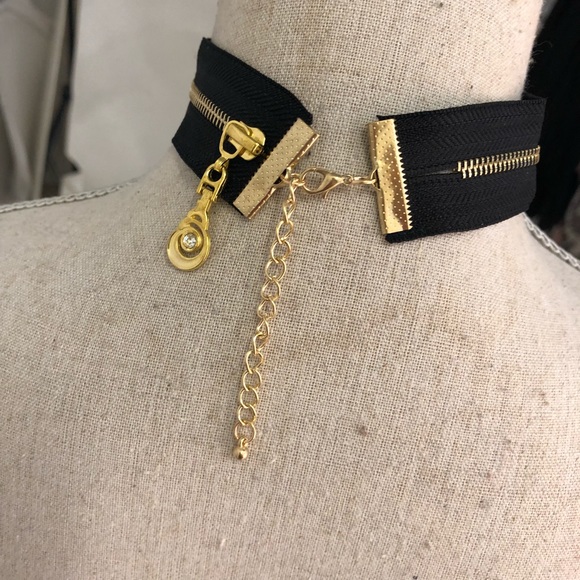 Jewelry | Edgy Black Gold Zipper Choker Necklace With Cz | Poshmark